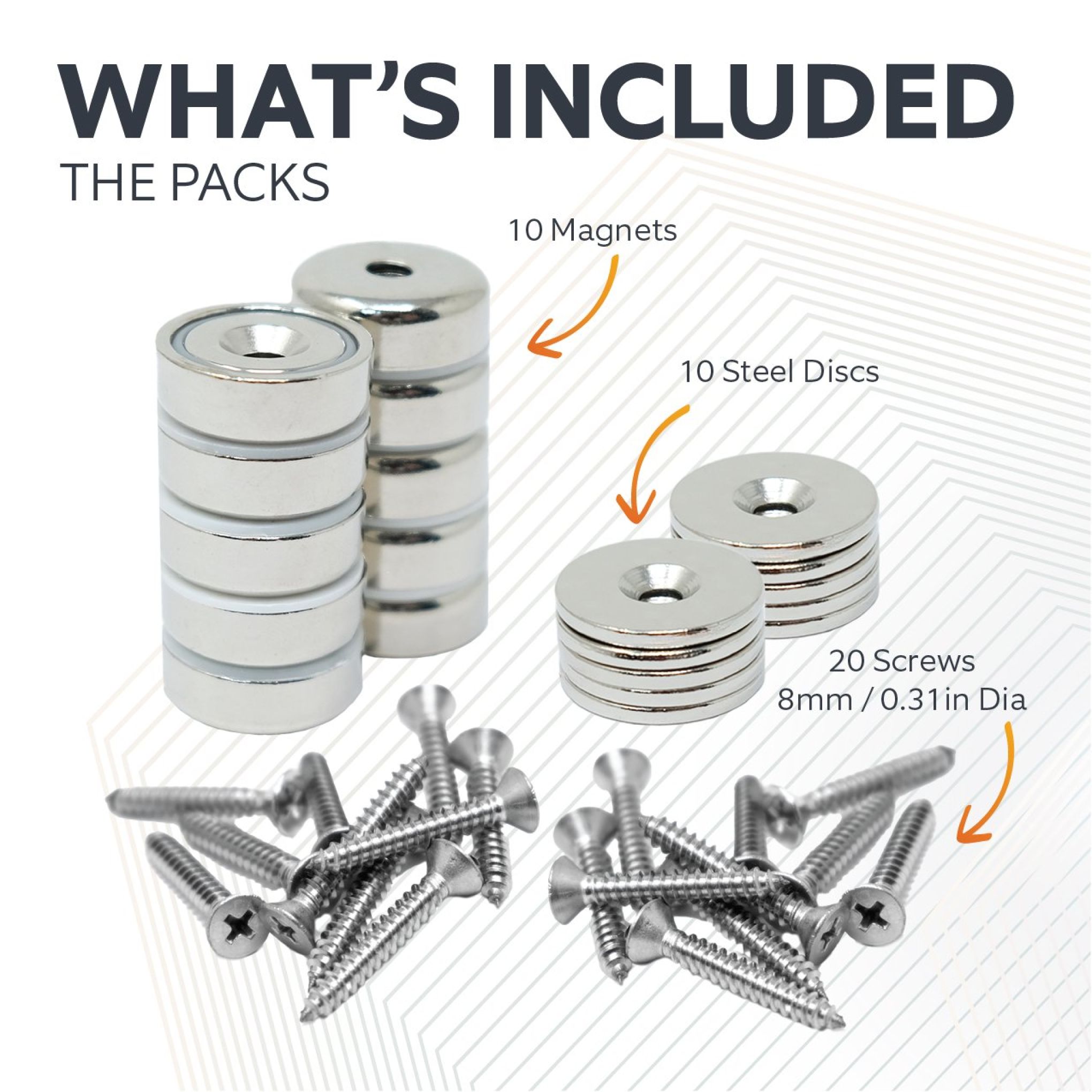 20mm dia Neodymium Pot Magnets, Steel Discs & Screws Pack