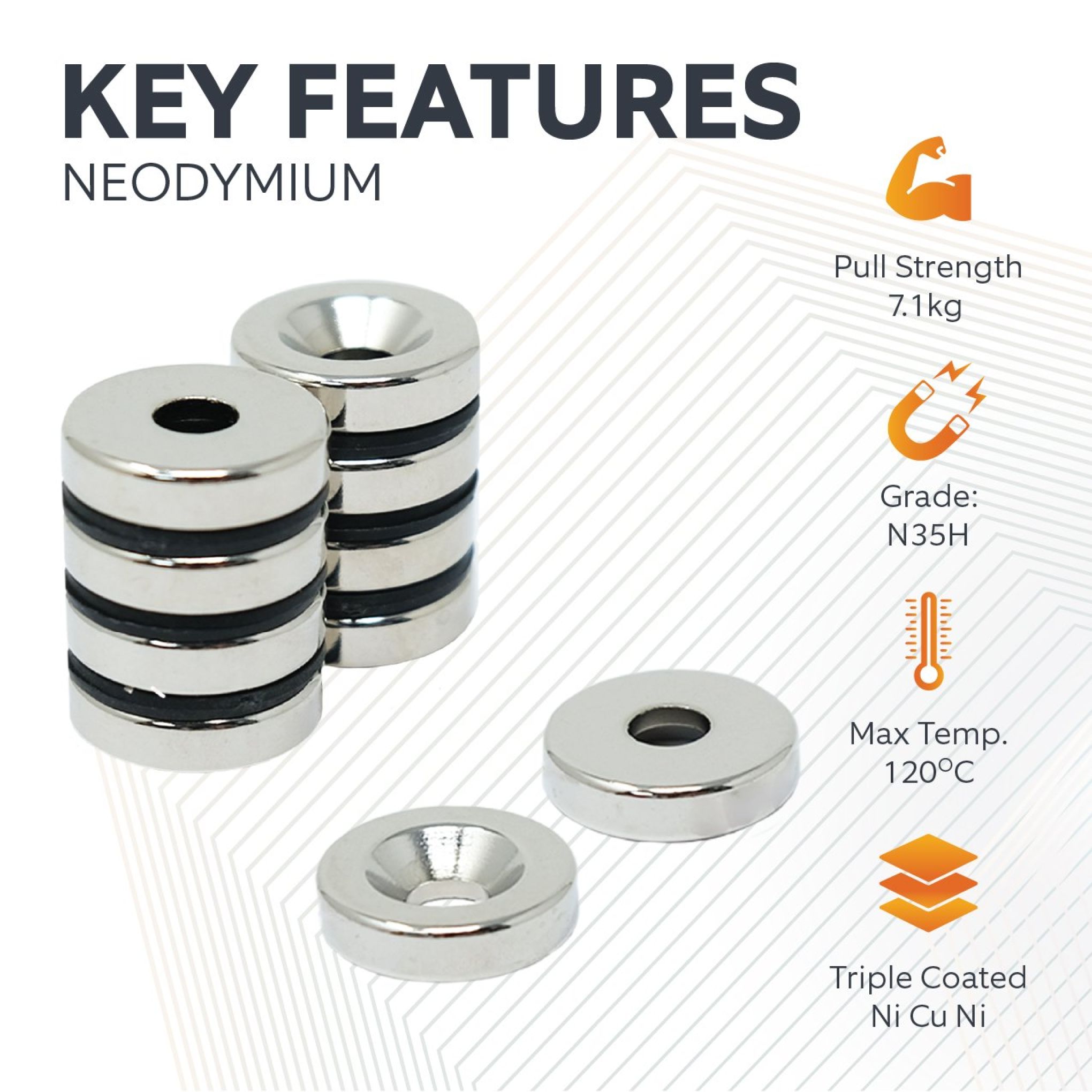 20 x 5 x 6mm c/sink N35H Neodymium Magnet - 7.1kg Pull