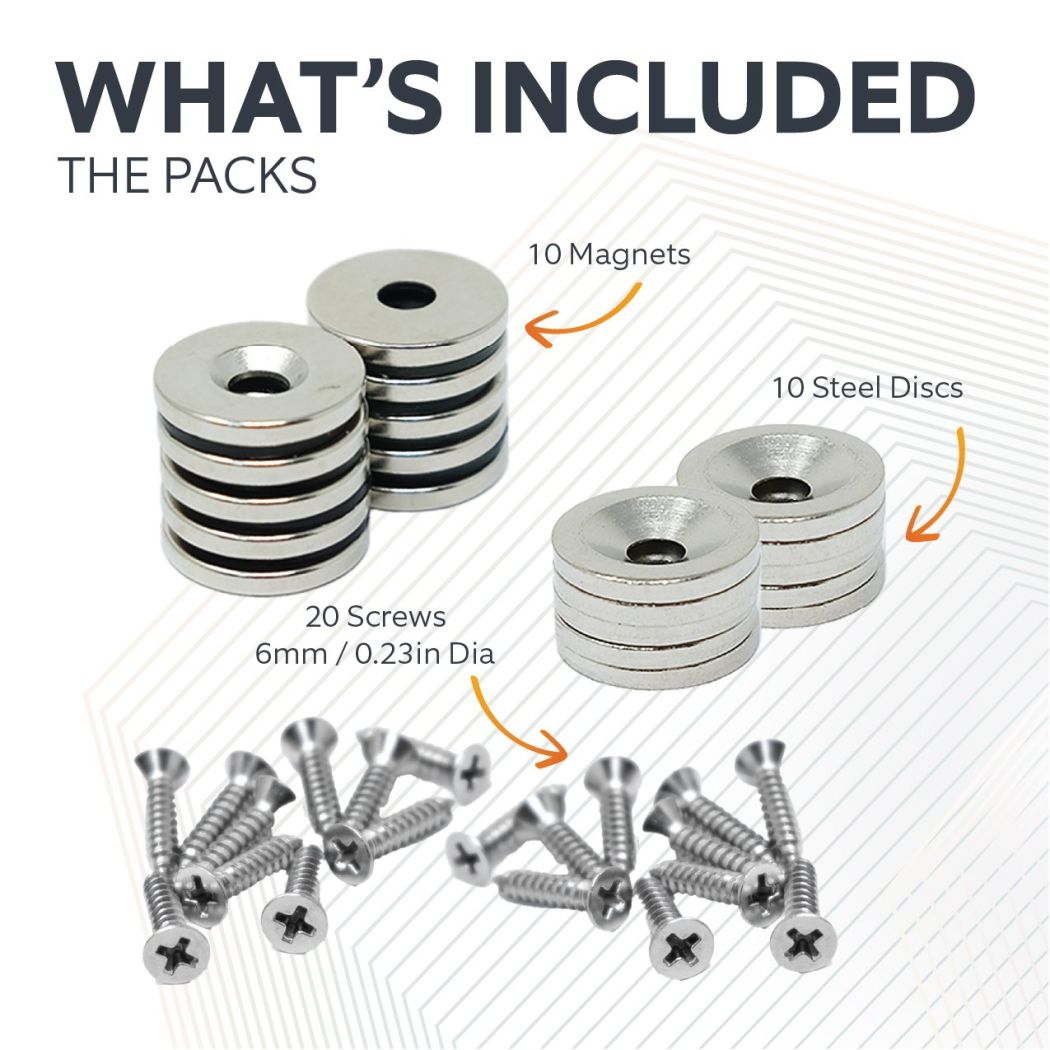 15mm dia Countersunk Magnets, Steel Discs & Screws Pack